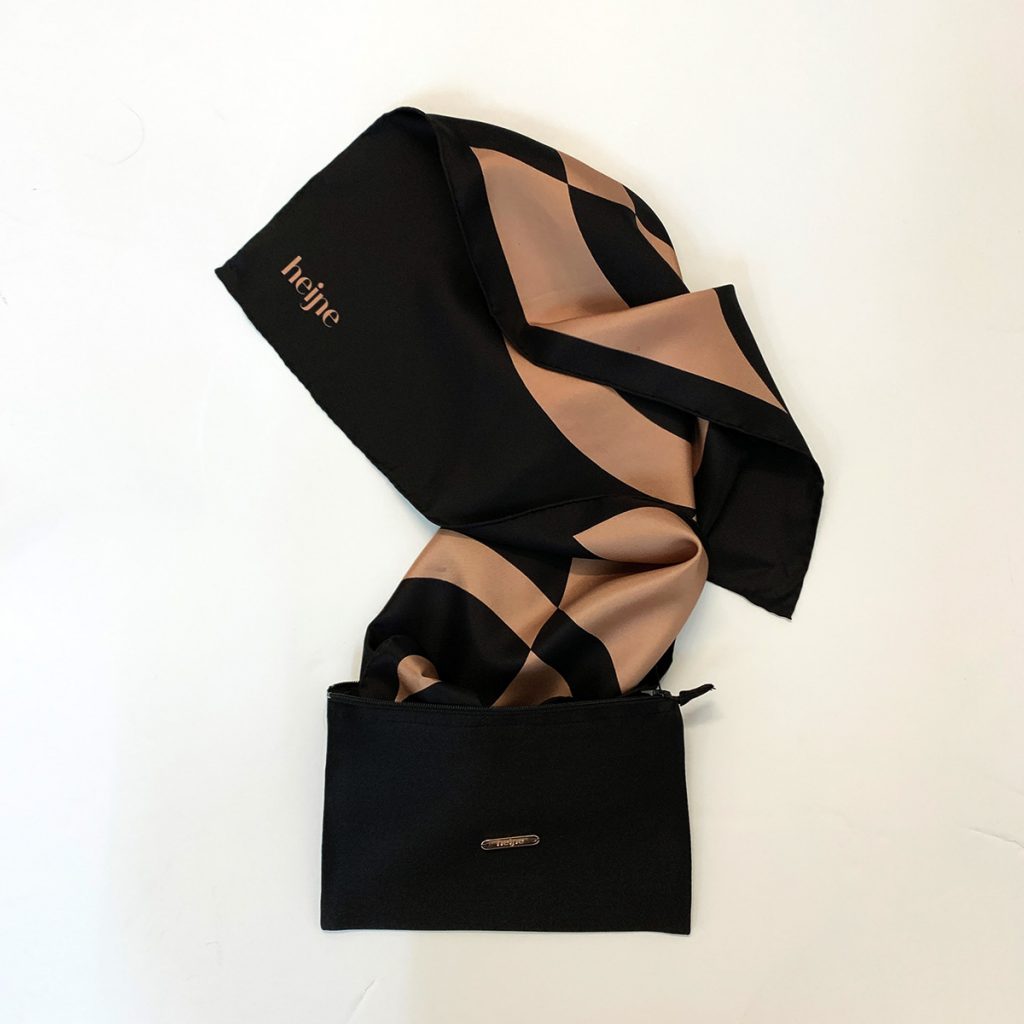 Small silk scarf with black and camel circles print by Studio Heijne